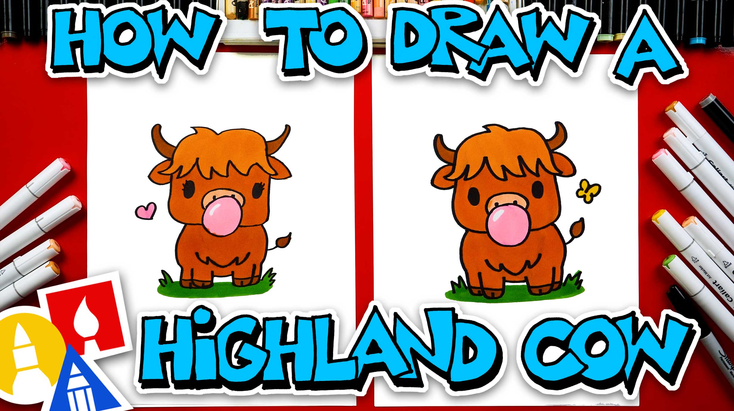How To Draw A Highland Cow Blowing Bubble Gum Bubble - Art For Kids Hub