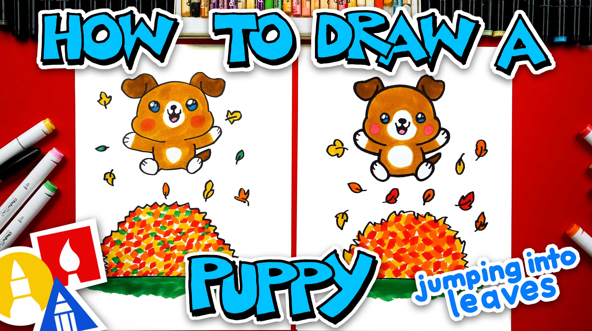 How To Draw A Cute Puppy Jumping Into Leaves - Art For Kids Hub