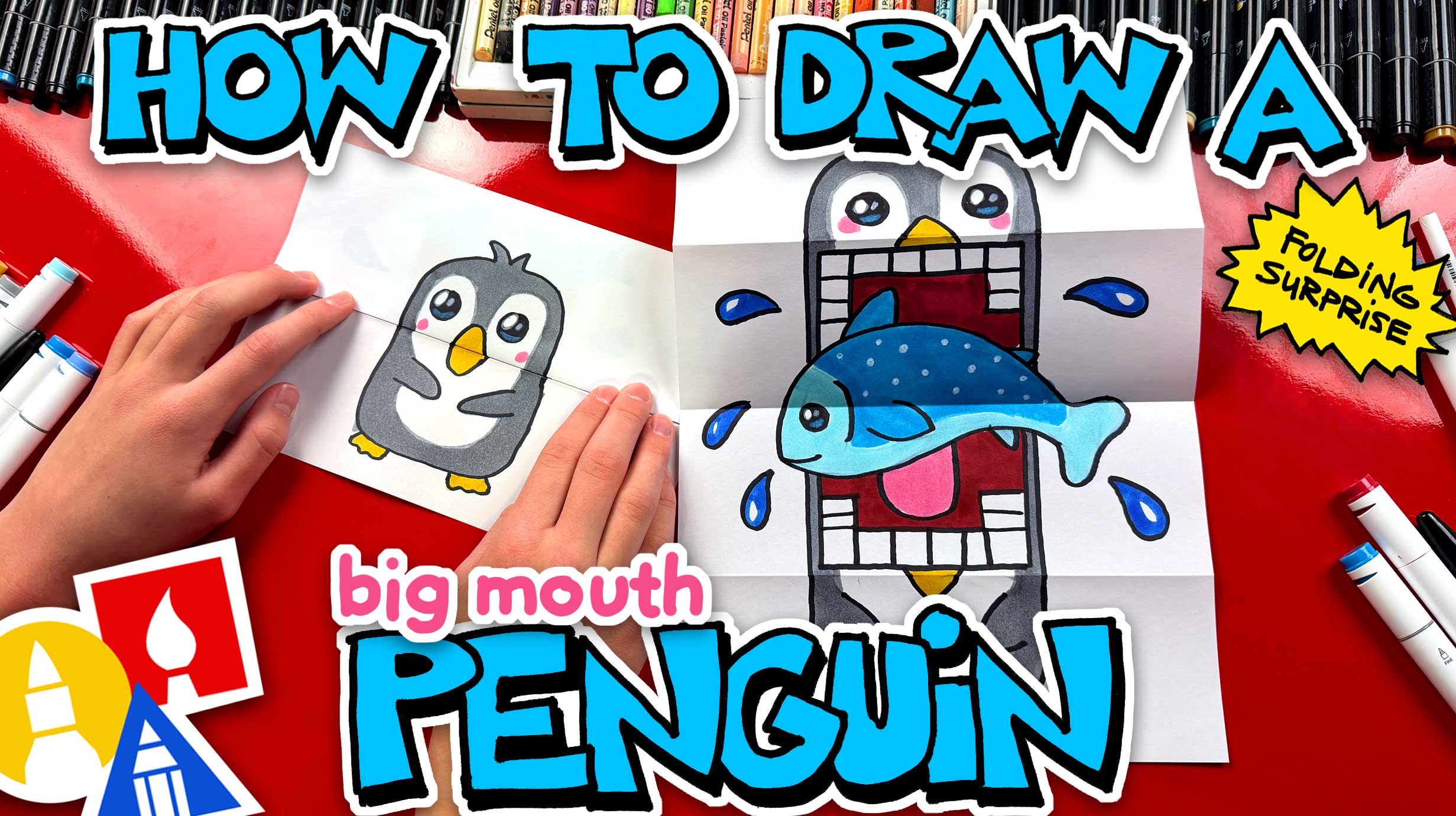 How To Draw A Big Mouth Penguin Folding Surprise - Art For Kids Hub