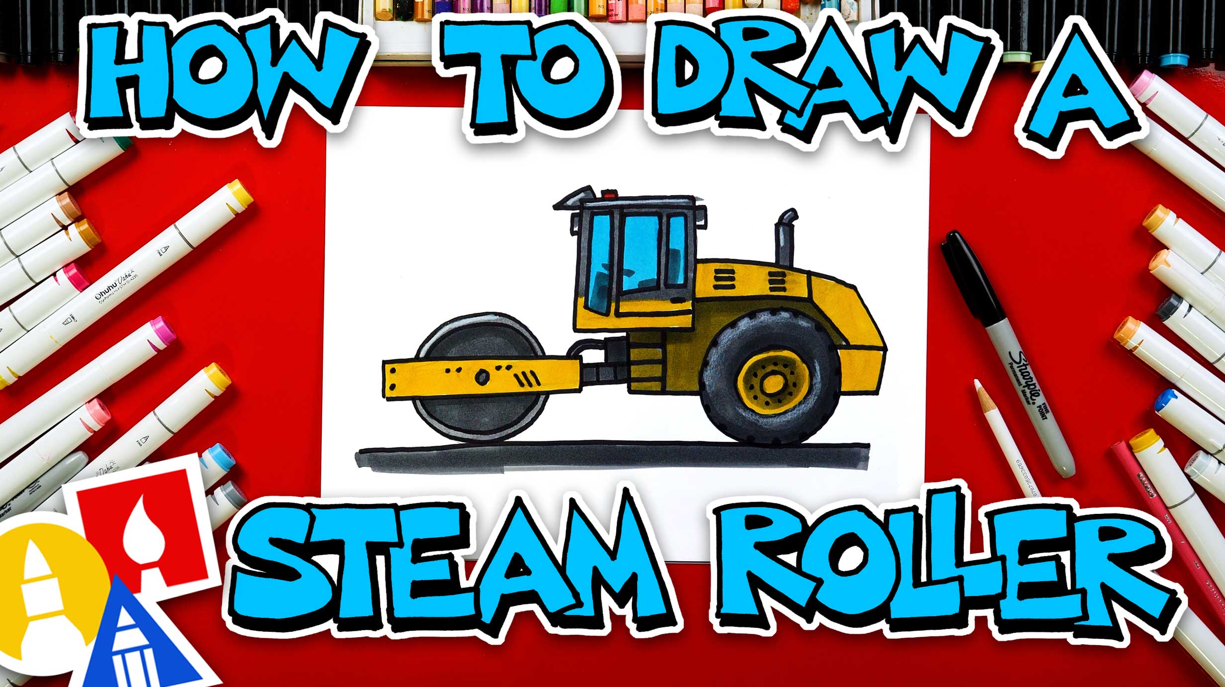 How To Draw A Steam Roller Construction - Art For Kids Hub