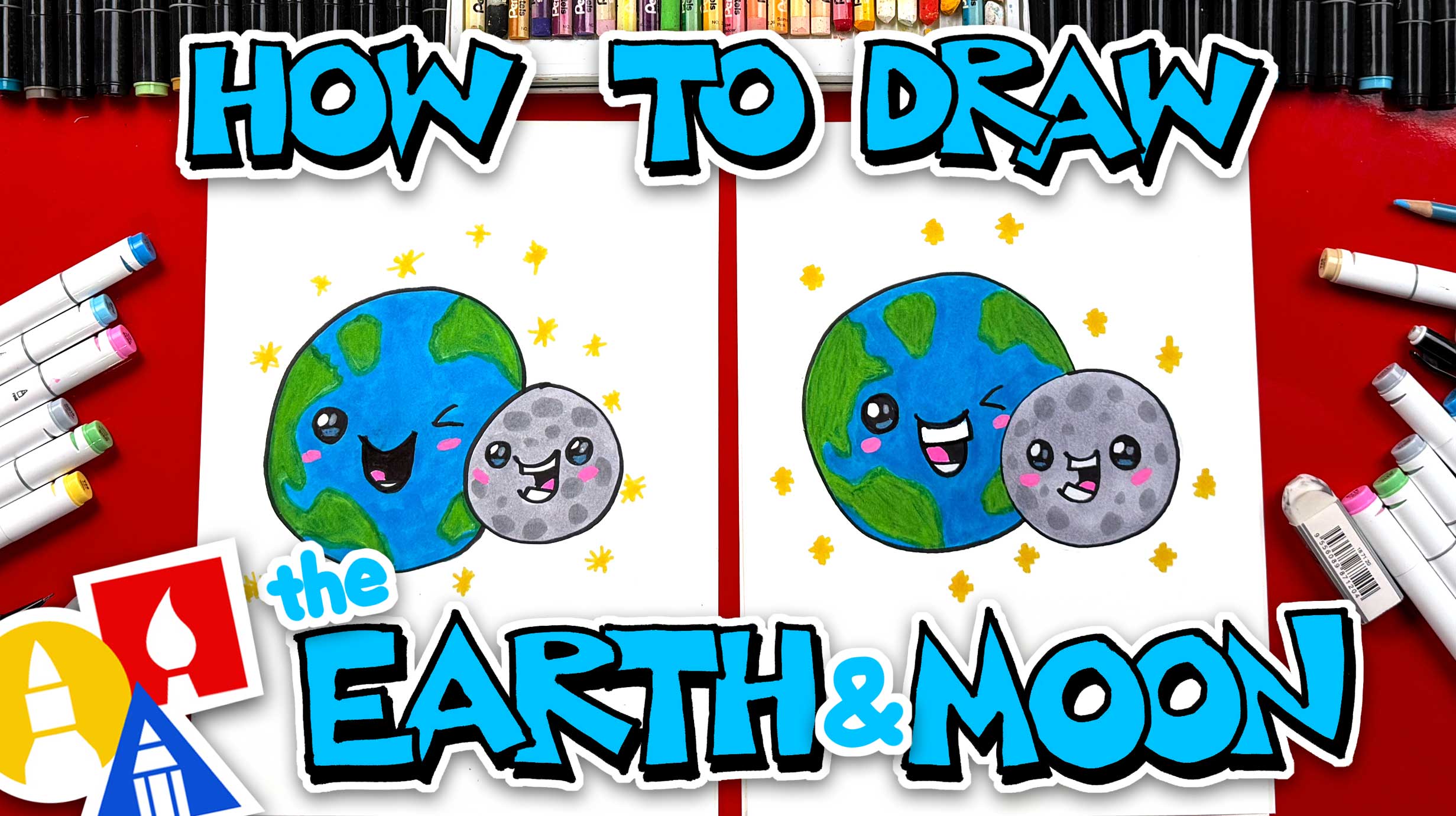 How To Draw The Earth And Moon Buddies For Earth Day - Art For Kids Hub ...